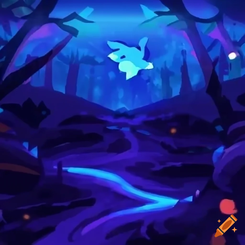 Bioluminescent forest painterly pokemon battle background