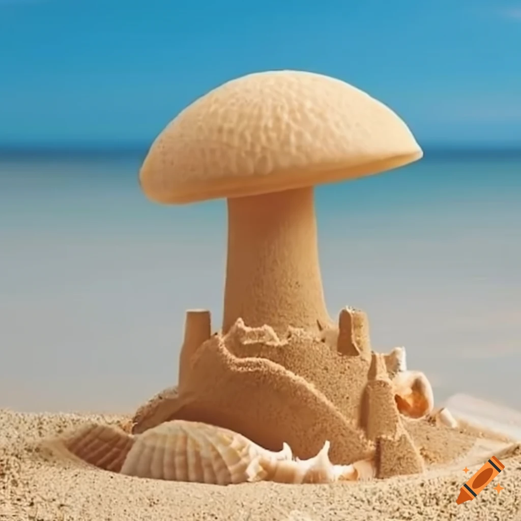 Beige sand castle in mushroom shape and shells on sand beach