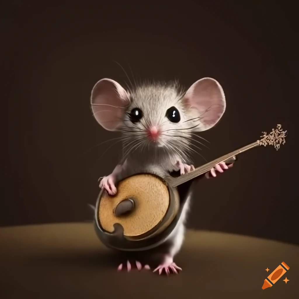 Cute mouse, photorealistic, holding banjo, moss, speaker