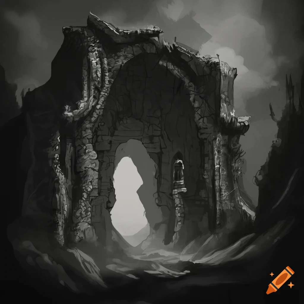 Smoldering ruins in a desolate landscape, daytime, dungeons and dragons ...