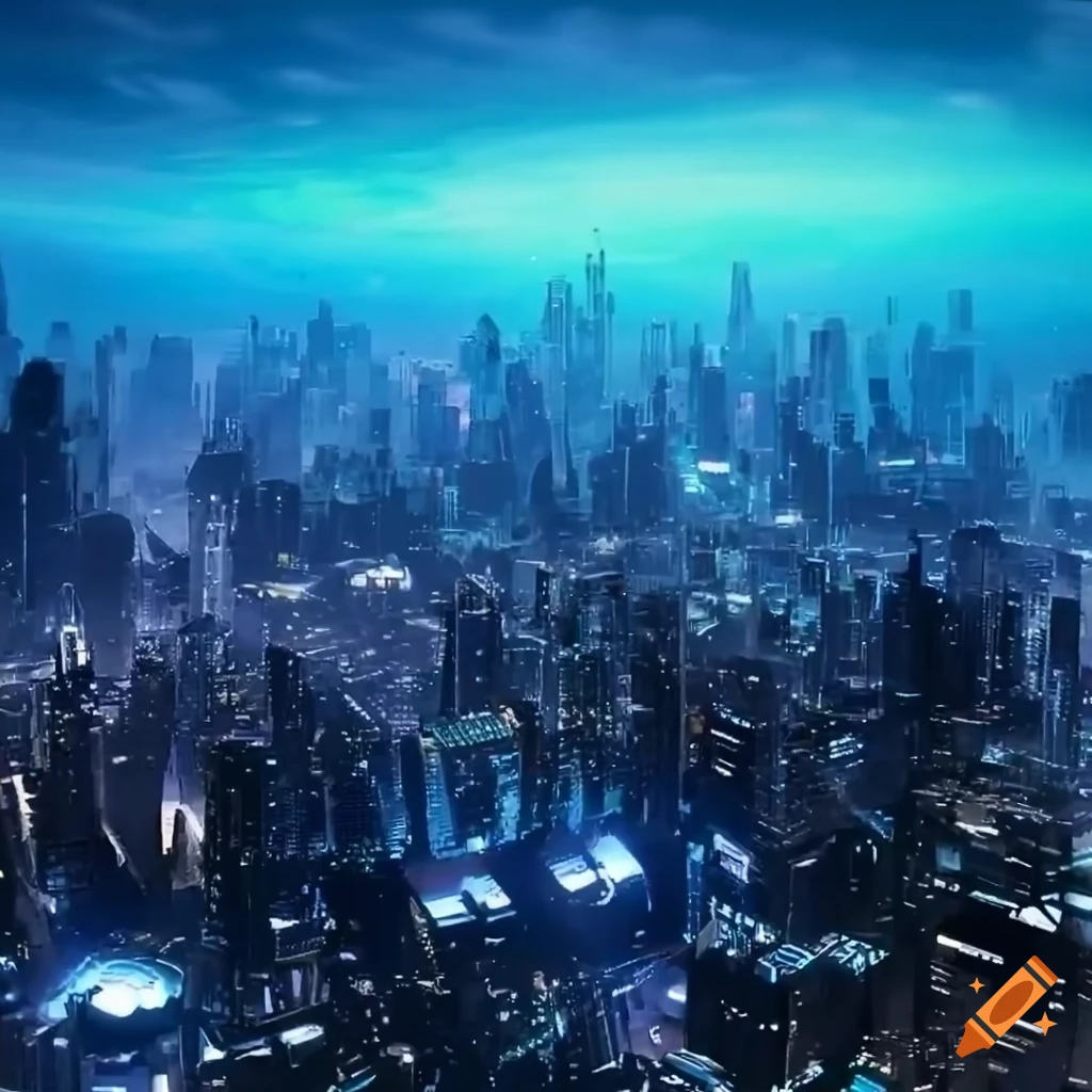 Stunning sci-fi game startup screen with futuristic cityscape on Craiyon