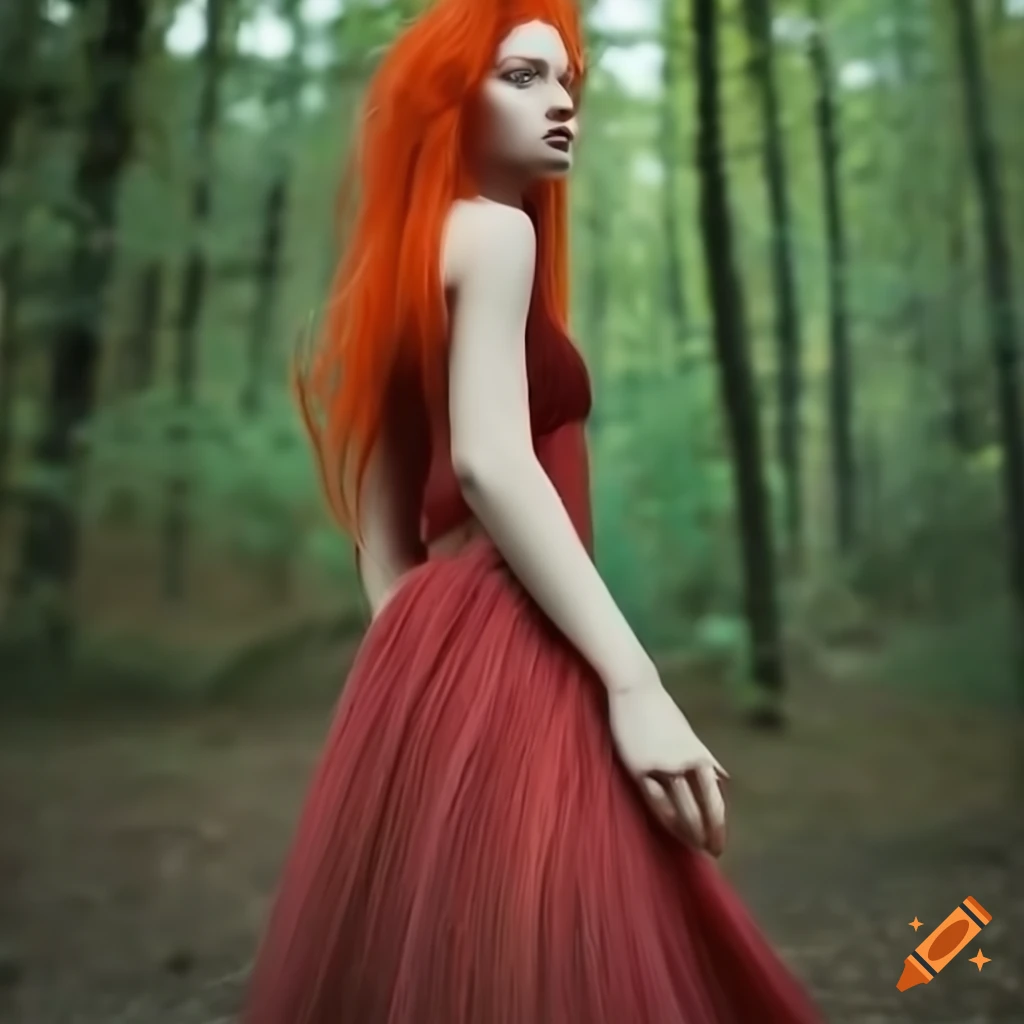 Dryad girl with red hair walk in the forest