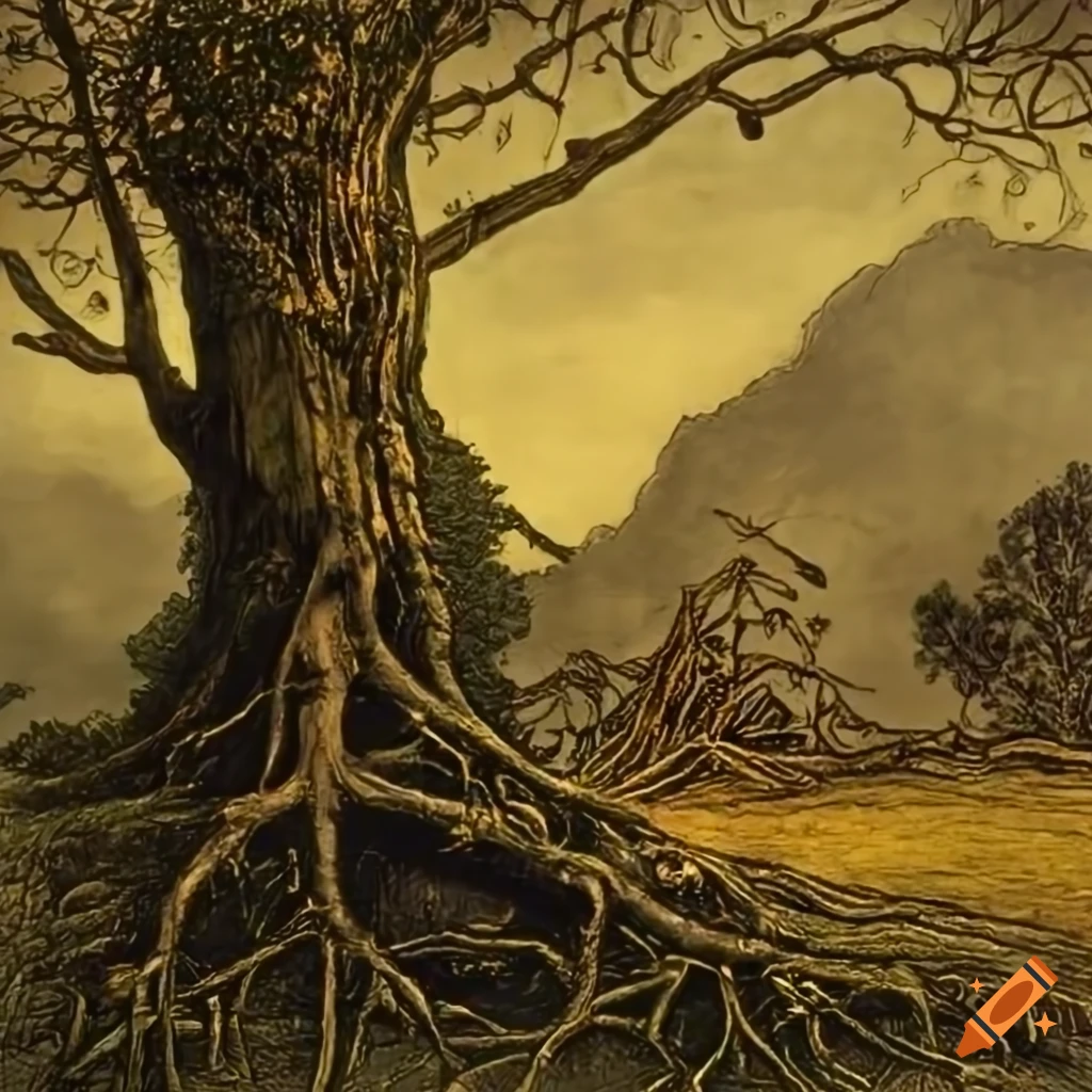 Dandelion trees. Field flowers. Totemic imagery on tree trunks and moss ...