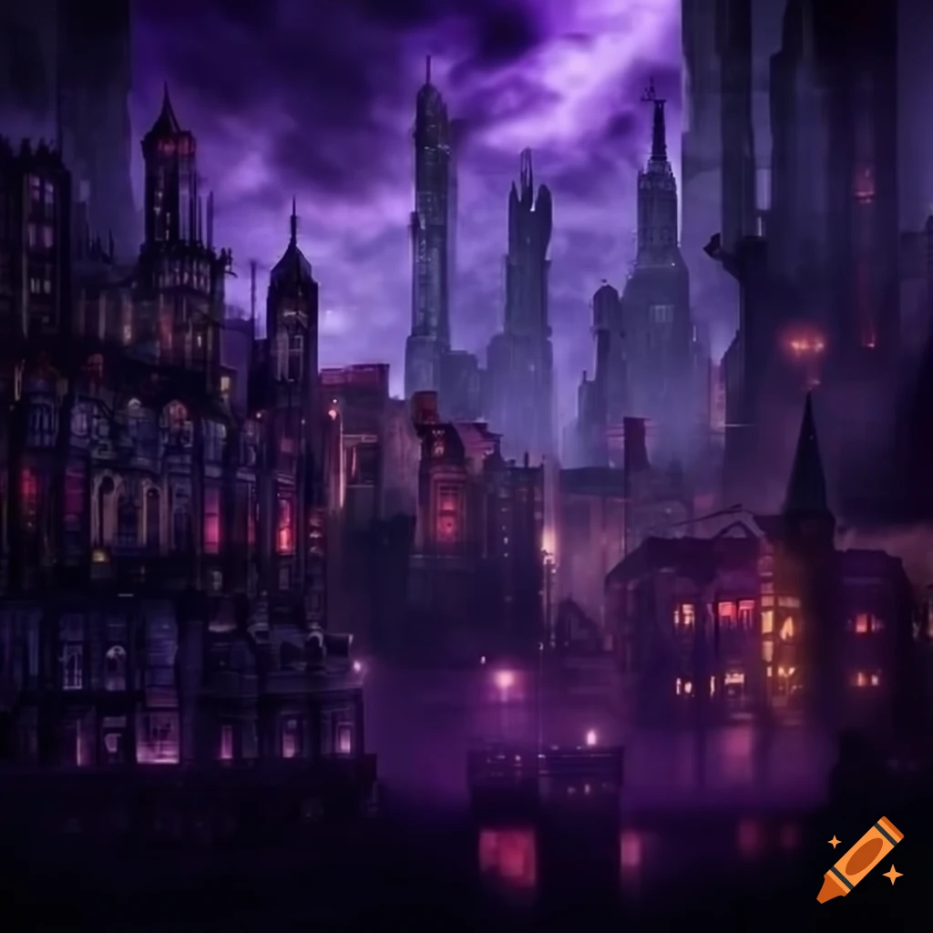Dark night steampunk city with purple lights on Craiyon