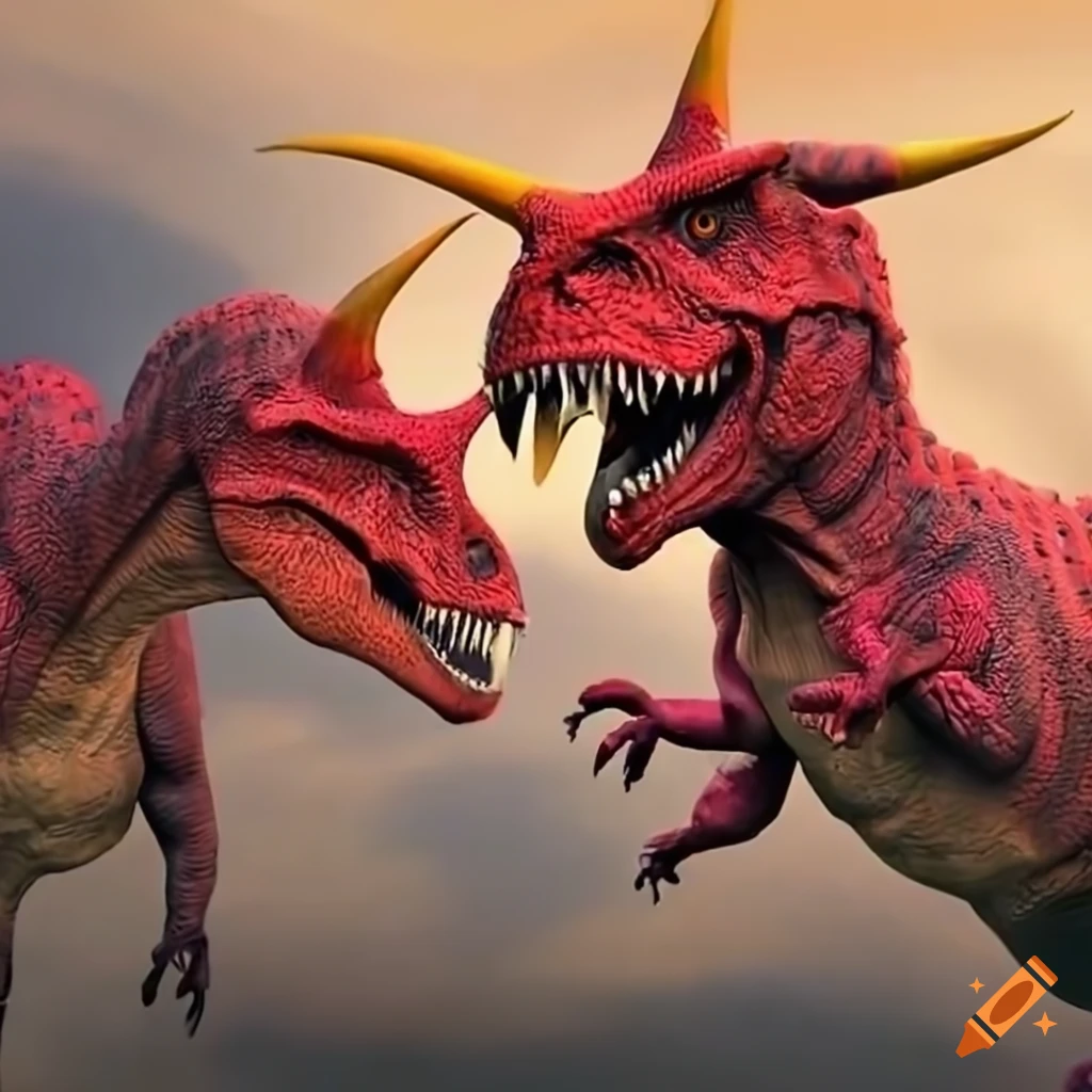 A red tyrannosaurus fighting another red triceratops on Craiyon