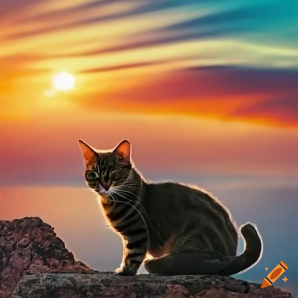 Cat sitting alone on a cliff looking off into the sunset