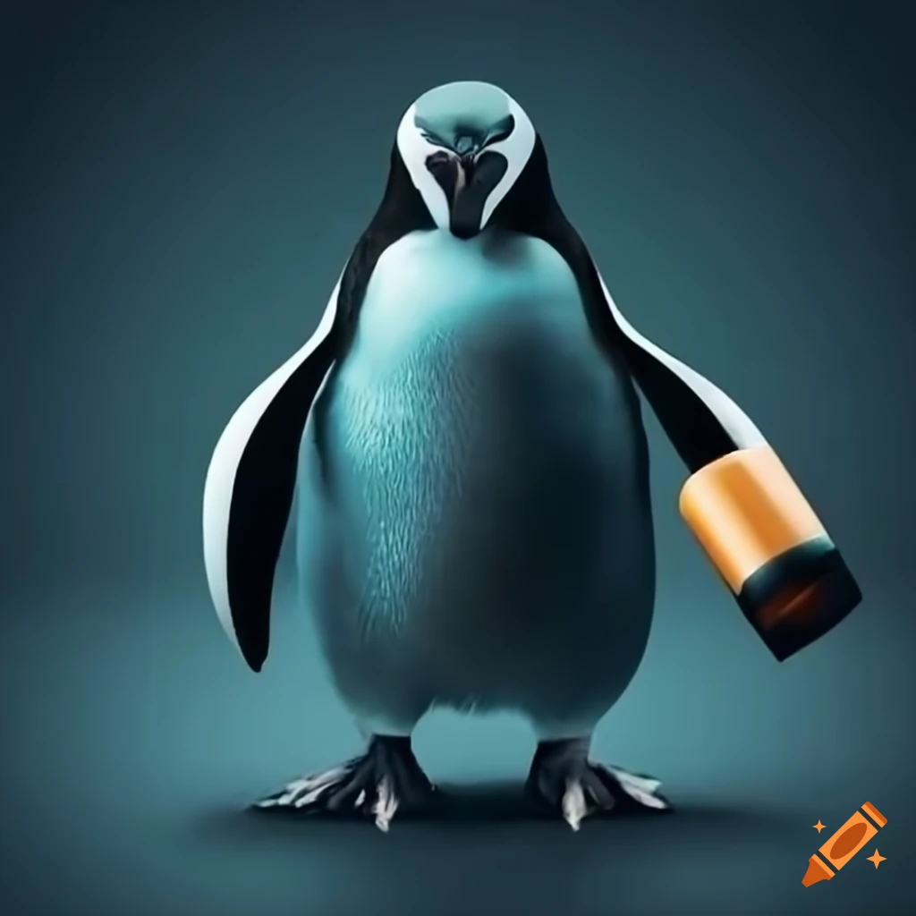 A strong penguin at the gym holding an energy drink