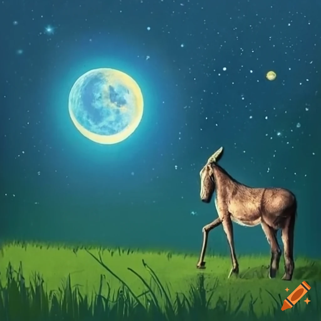 A blue mule in a green field under a blue moon and stars