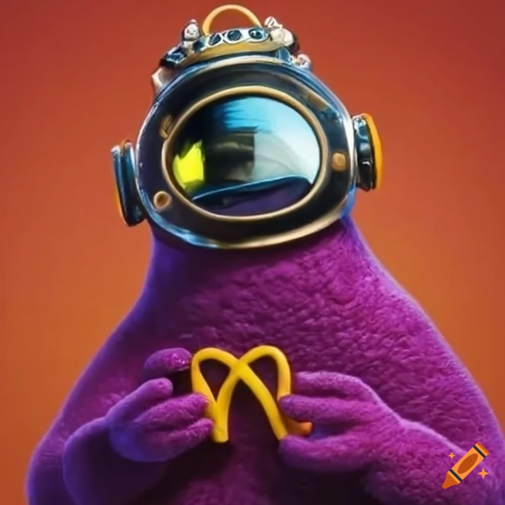 Grimace from mcdonalds wearing a diving helmet and riding a submarine ...