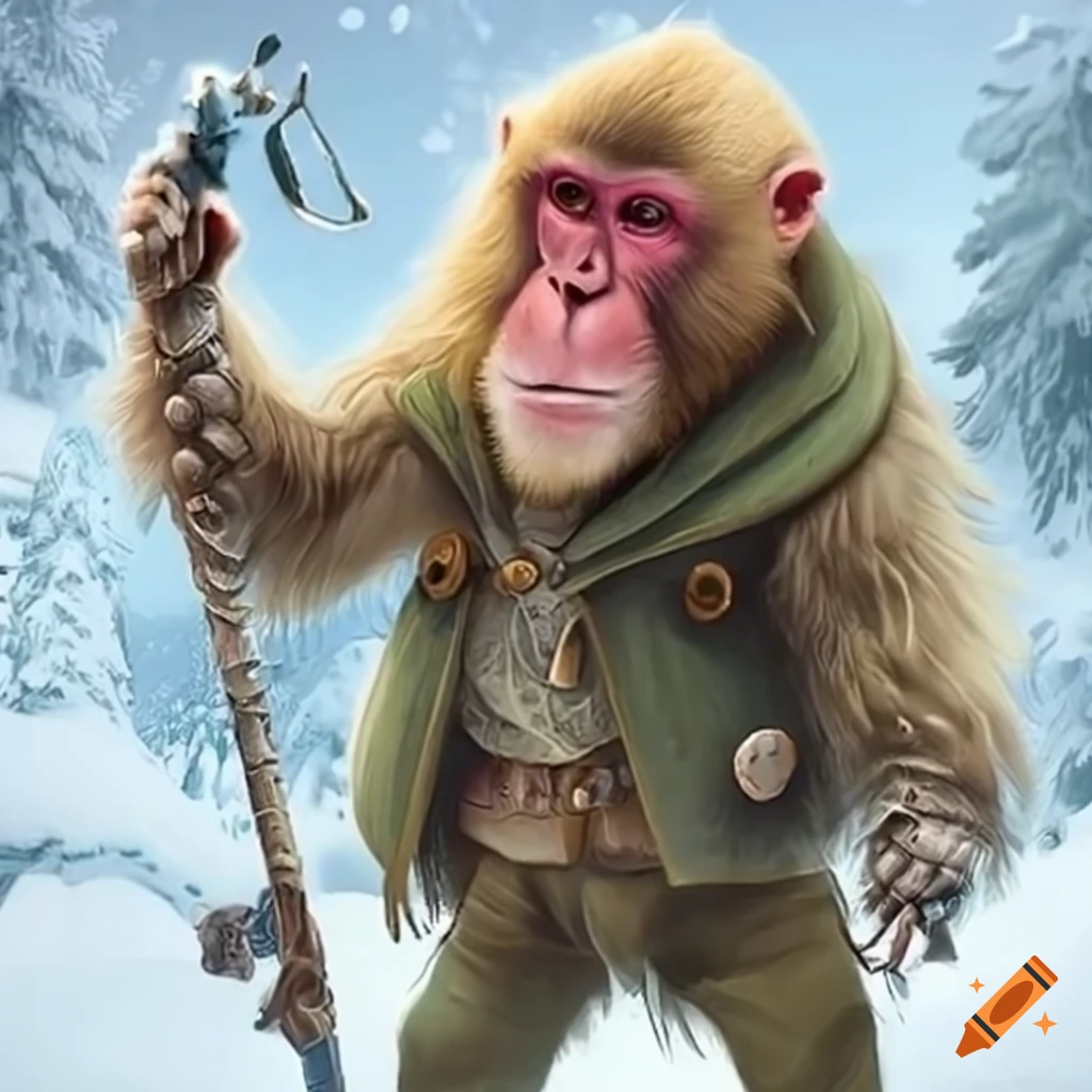 Fantasy character resembling steve irwin as a snow monkey adventurer on ...