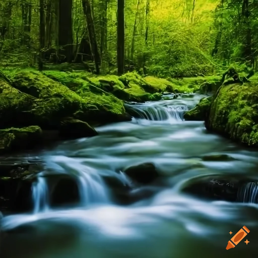 Water flowing in a tranquil stream through the forest on Craiyon