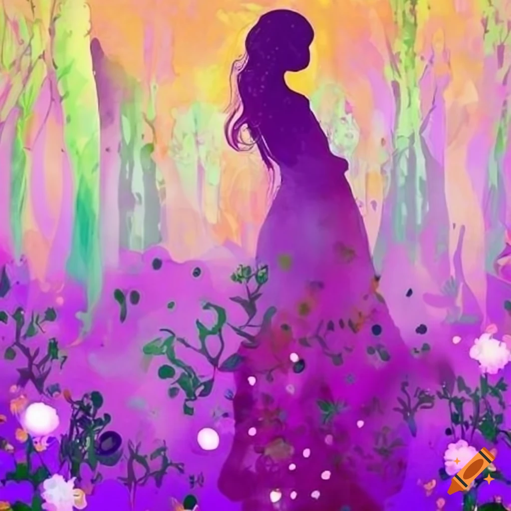 Silhouette of a maiden surrounded by purple flowers in enchanted forest