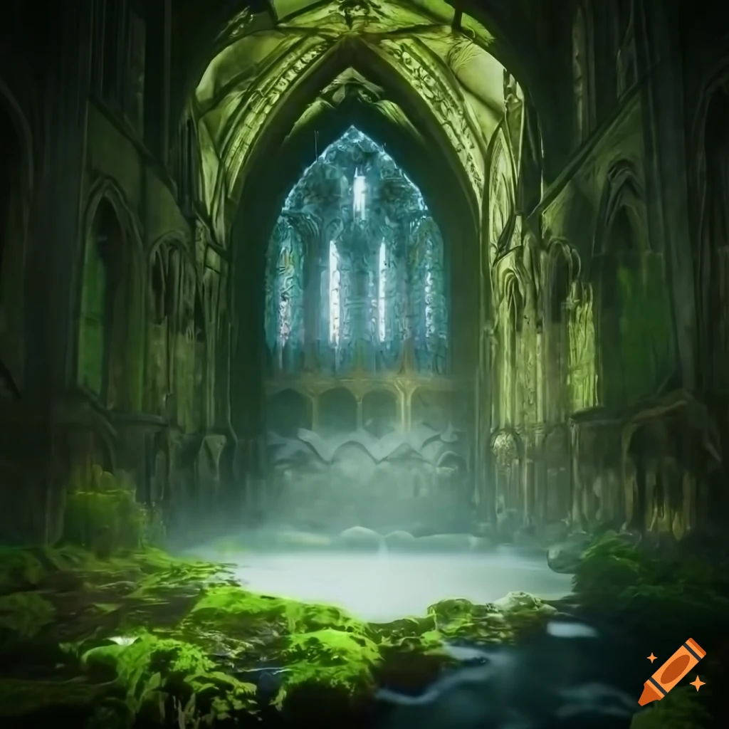 A mystic cathedral made of stone overgrown with moss with flowing water ...