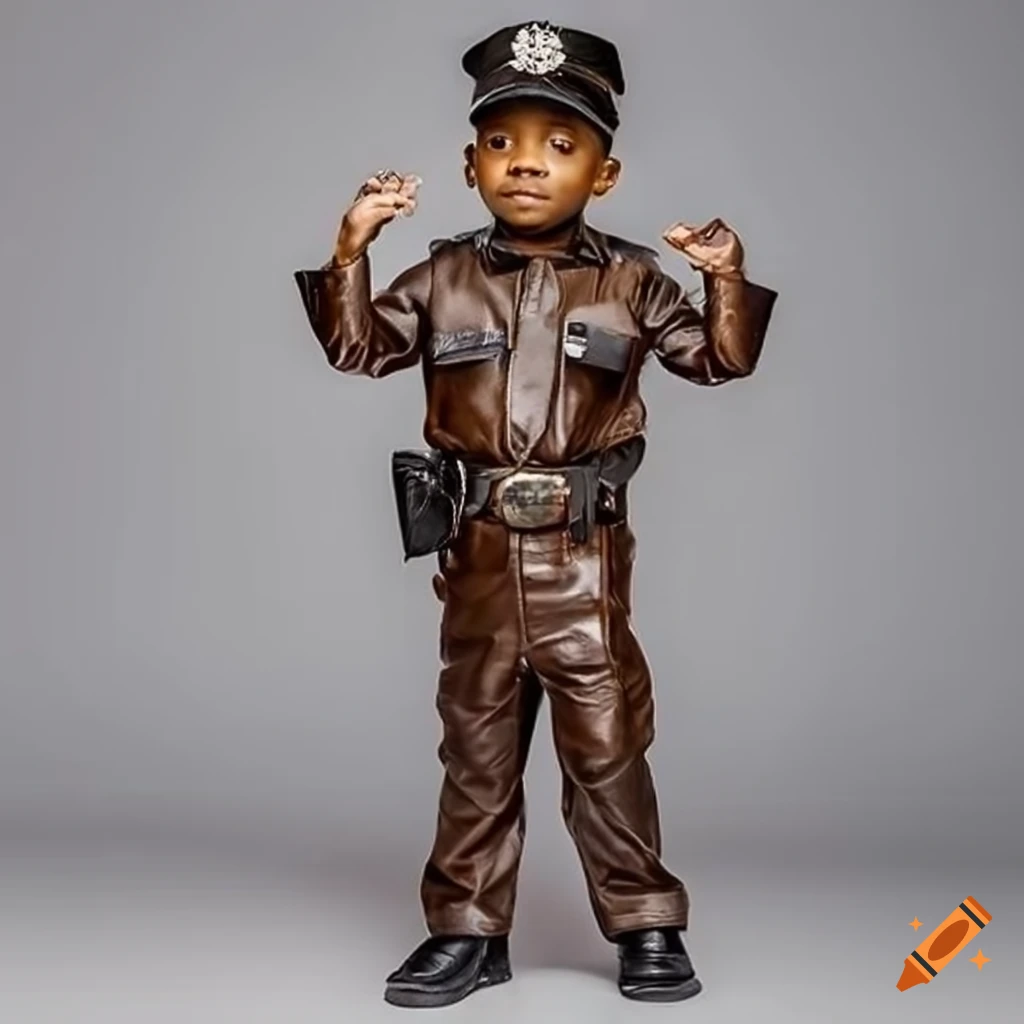 Black toddler boy wearing full shiny brown police leather uniform on ...