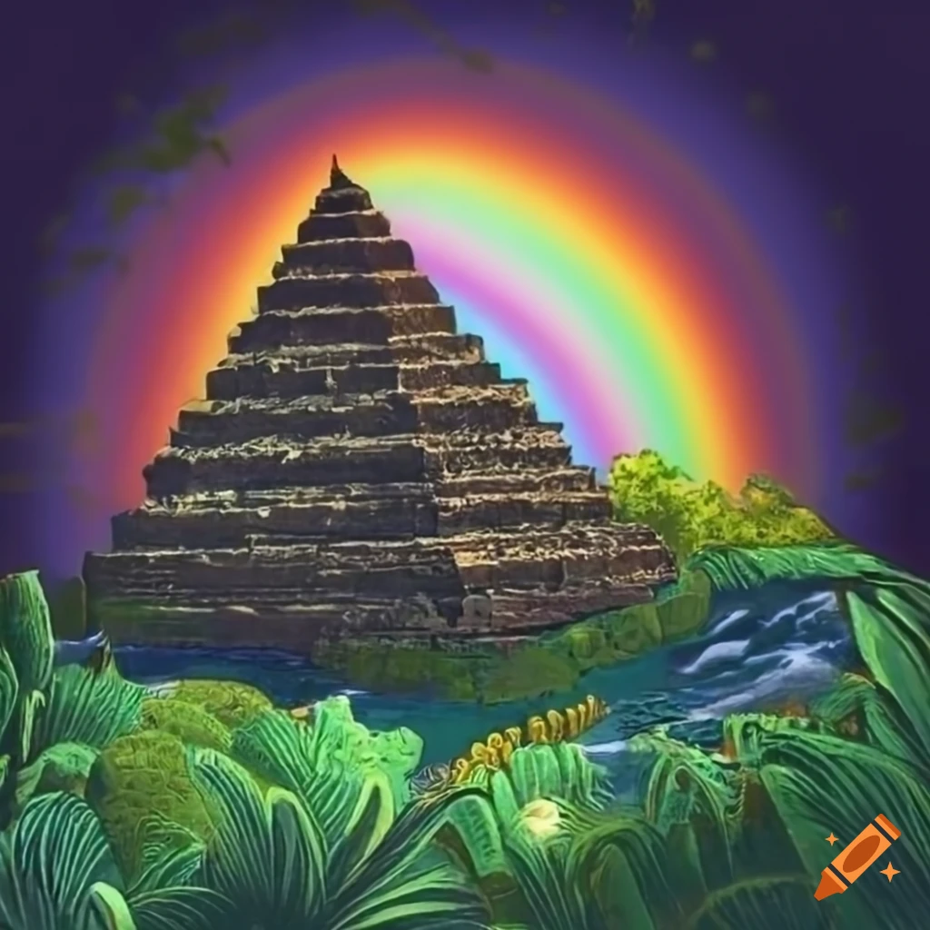 Theater piece showing a black pyramid surrounded by vegetation, water ...