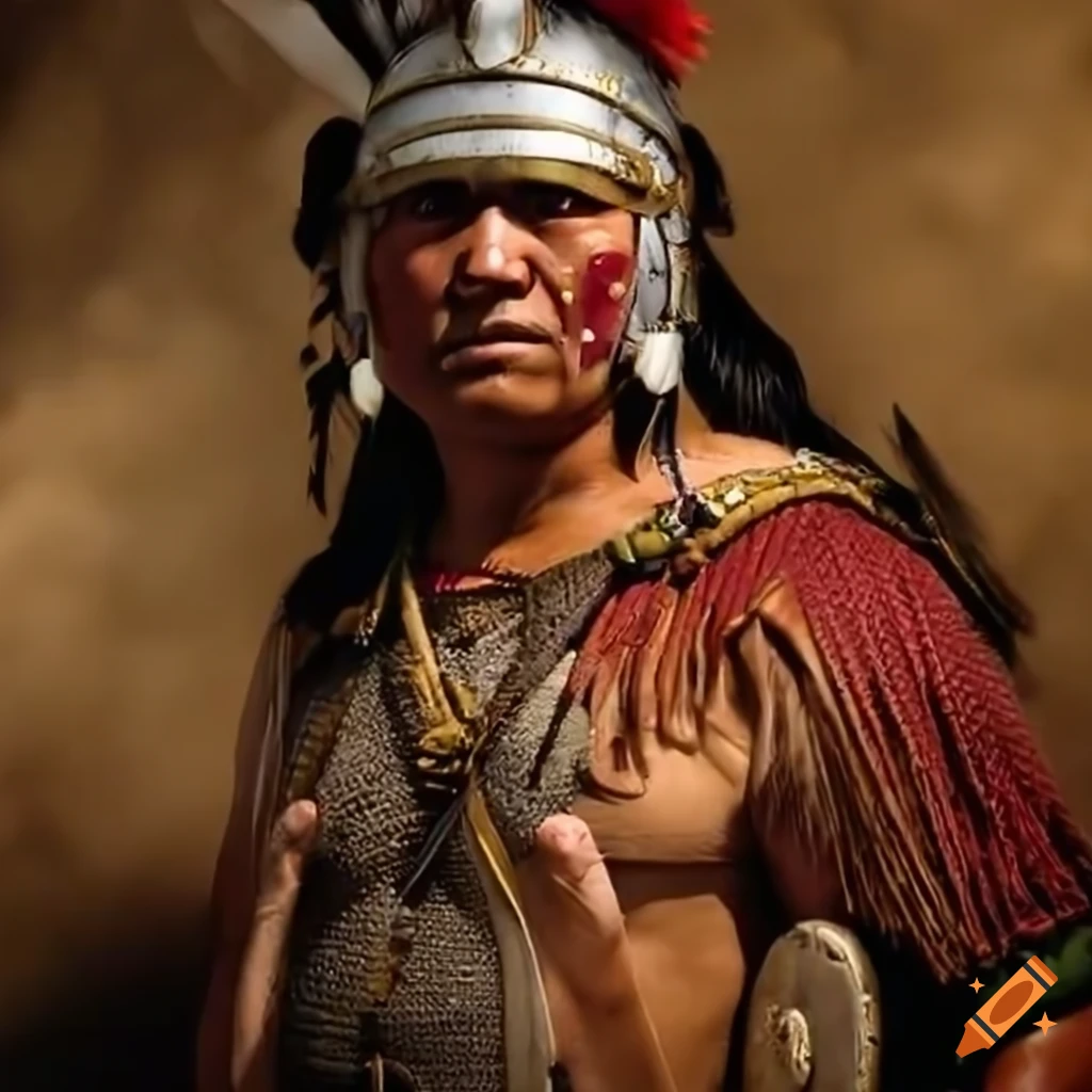 Native american warrior fused with roman soldier standing on a hill on ...