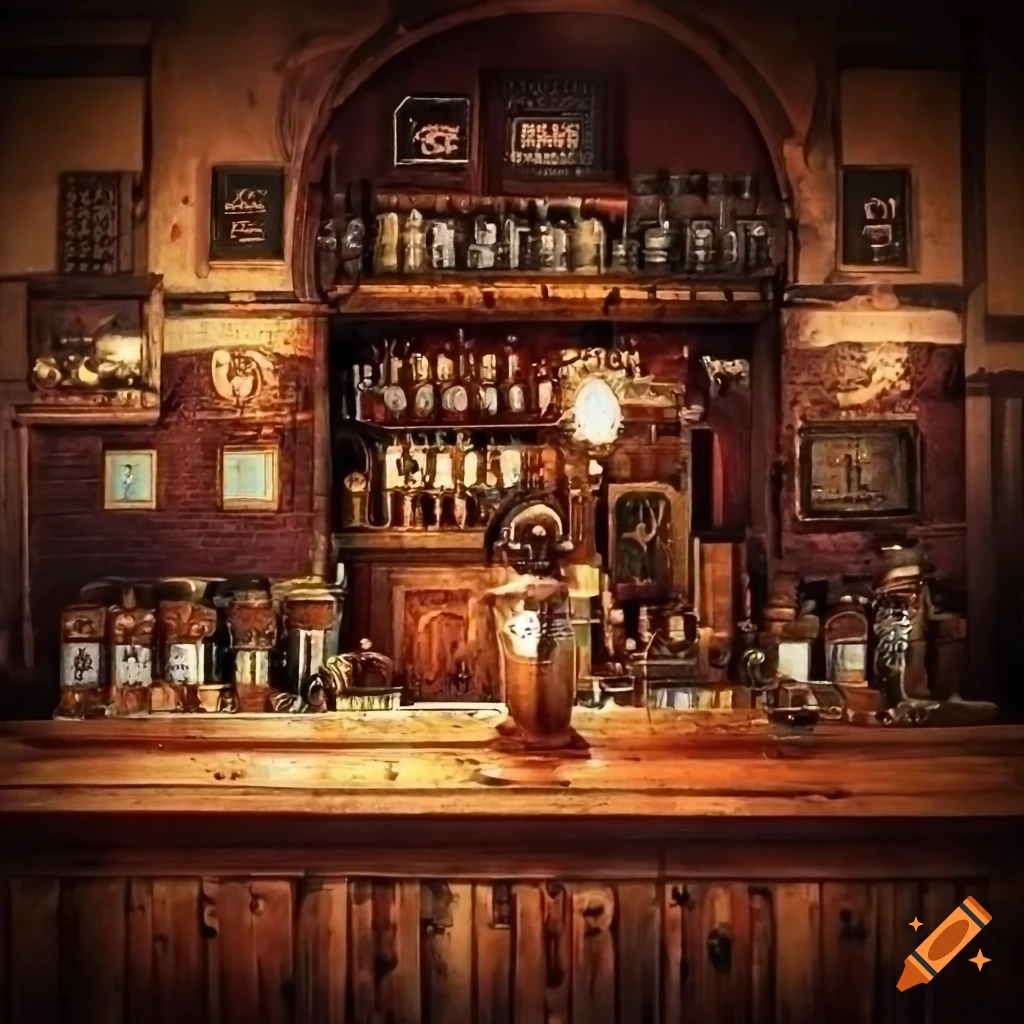 Australian outback pub, at the bar, run down, steampunk