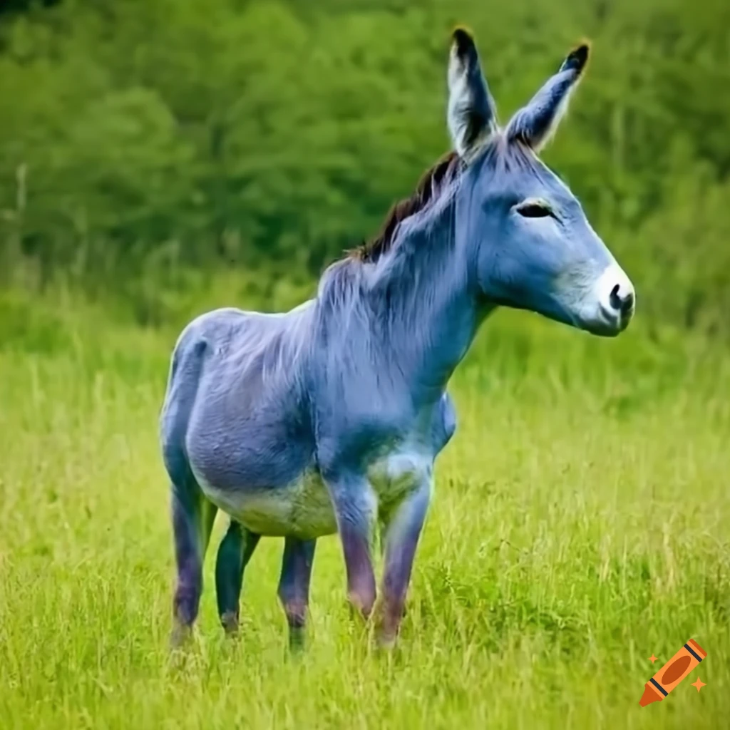 A vibrant blue mule standing in a green pasture on Craiyon