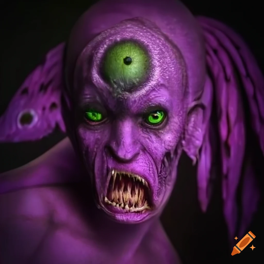 Fleshy purple demon with black wings and green demonic eyes full body ...