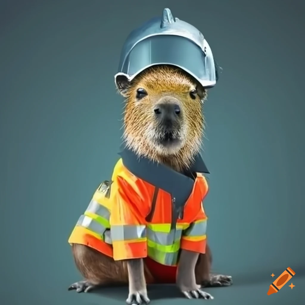 Sitting capybara wearing high-visibility jacket and greek helmet