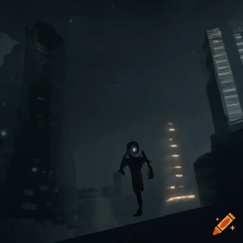 Small astronaut far away jumping around in space above futuristuce ...