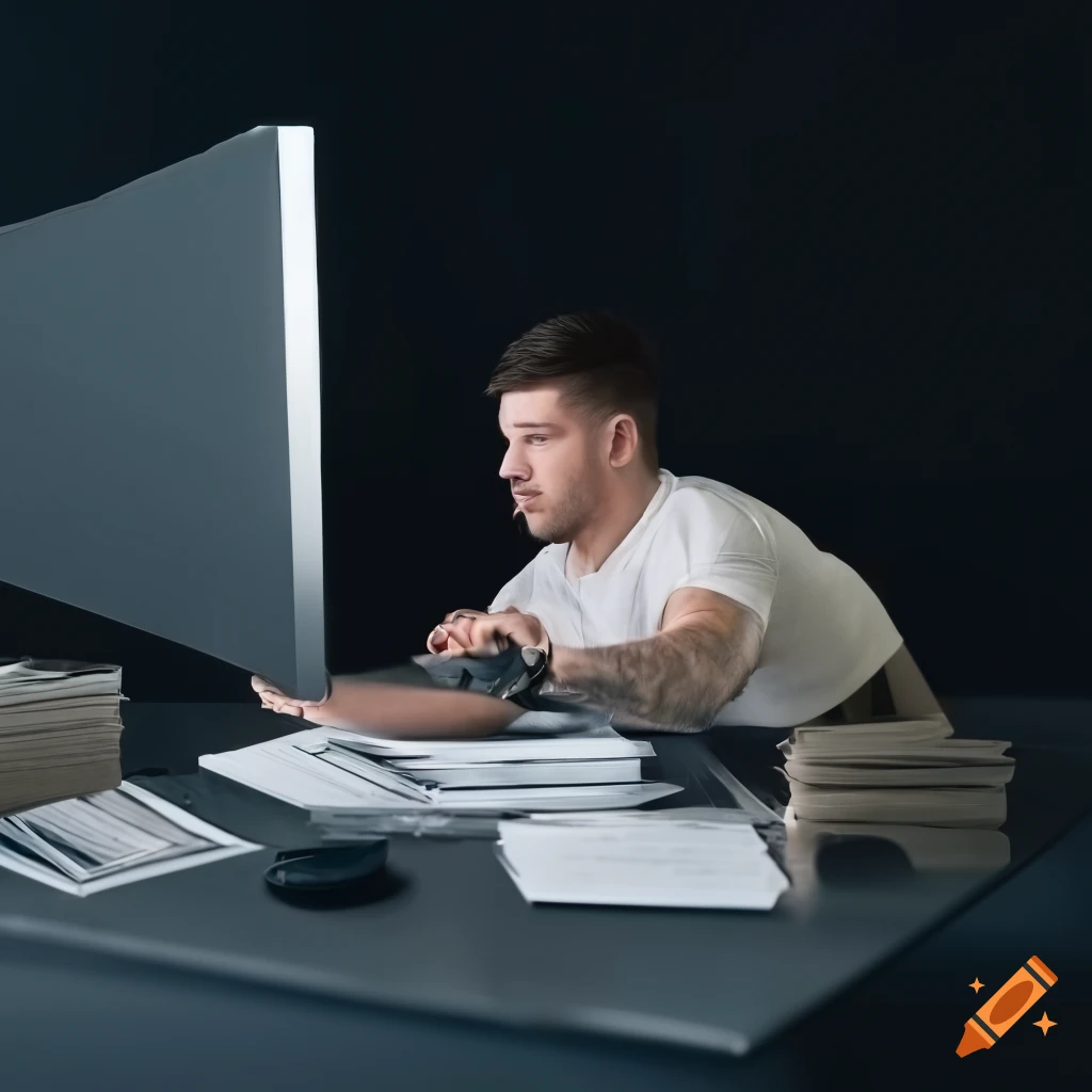 Realistic attractive man looking at computer and handling stacks of ...