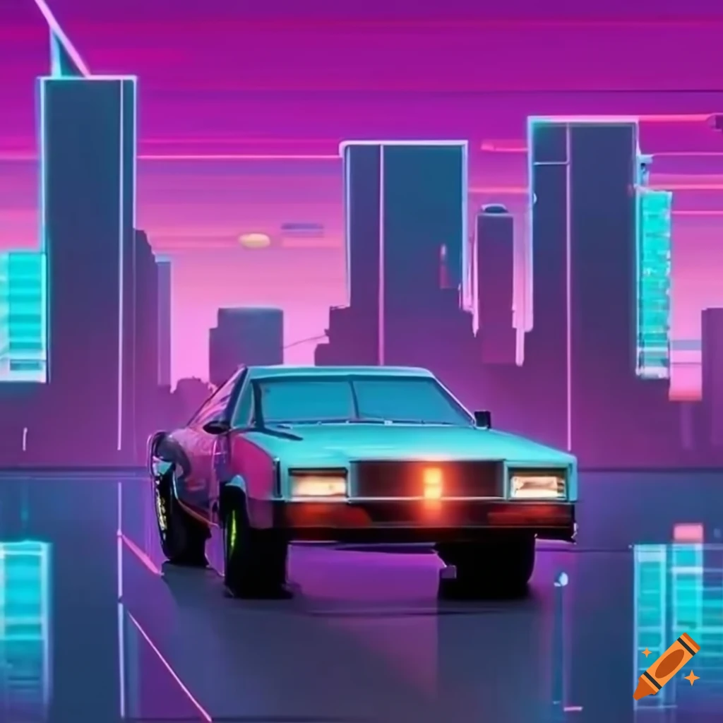 Stock 1984 chevy celebrity speeding through a sunset lit neon synth ...