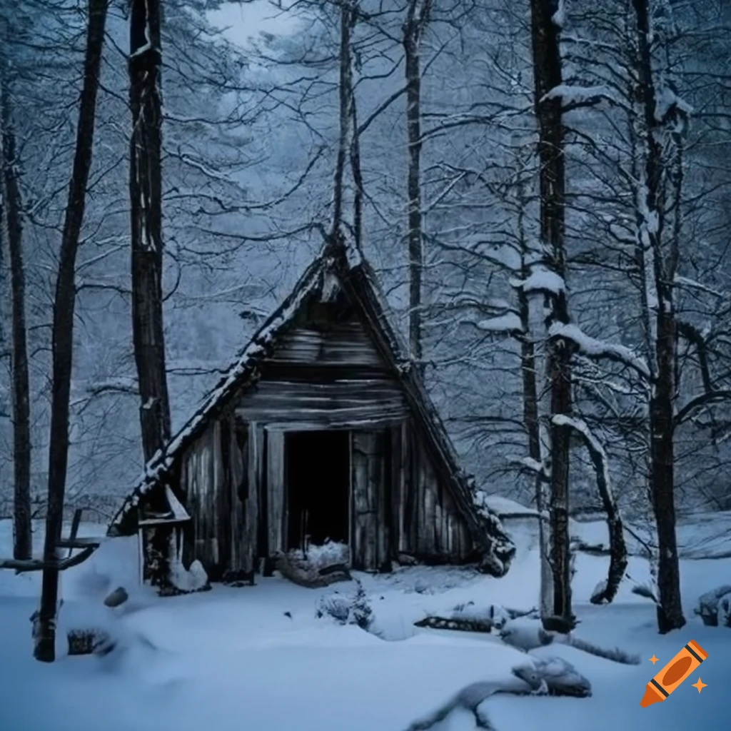 Desolate cabin in a snowy forest on Craiyon