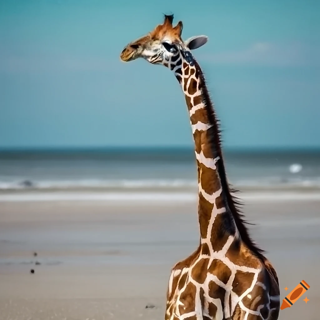 Giraffe standing on danish beach, looking lost