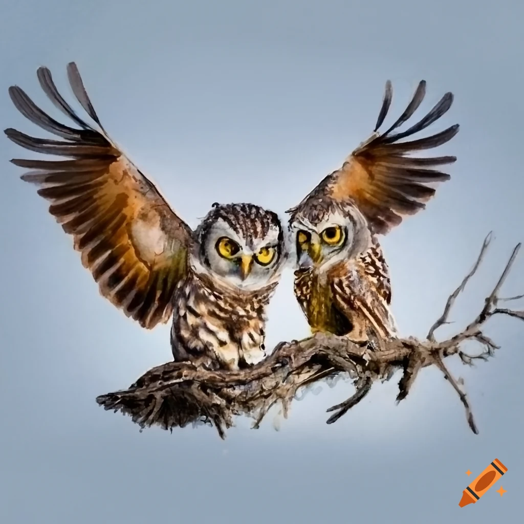 Two owls flying above nest watercolor
