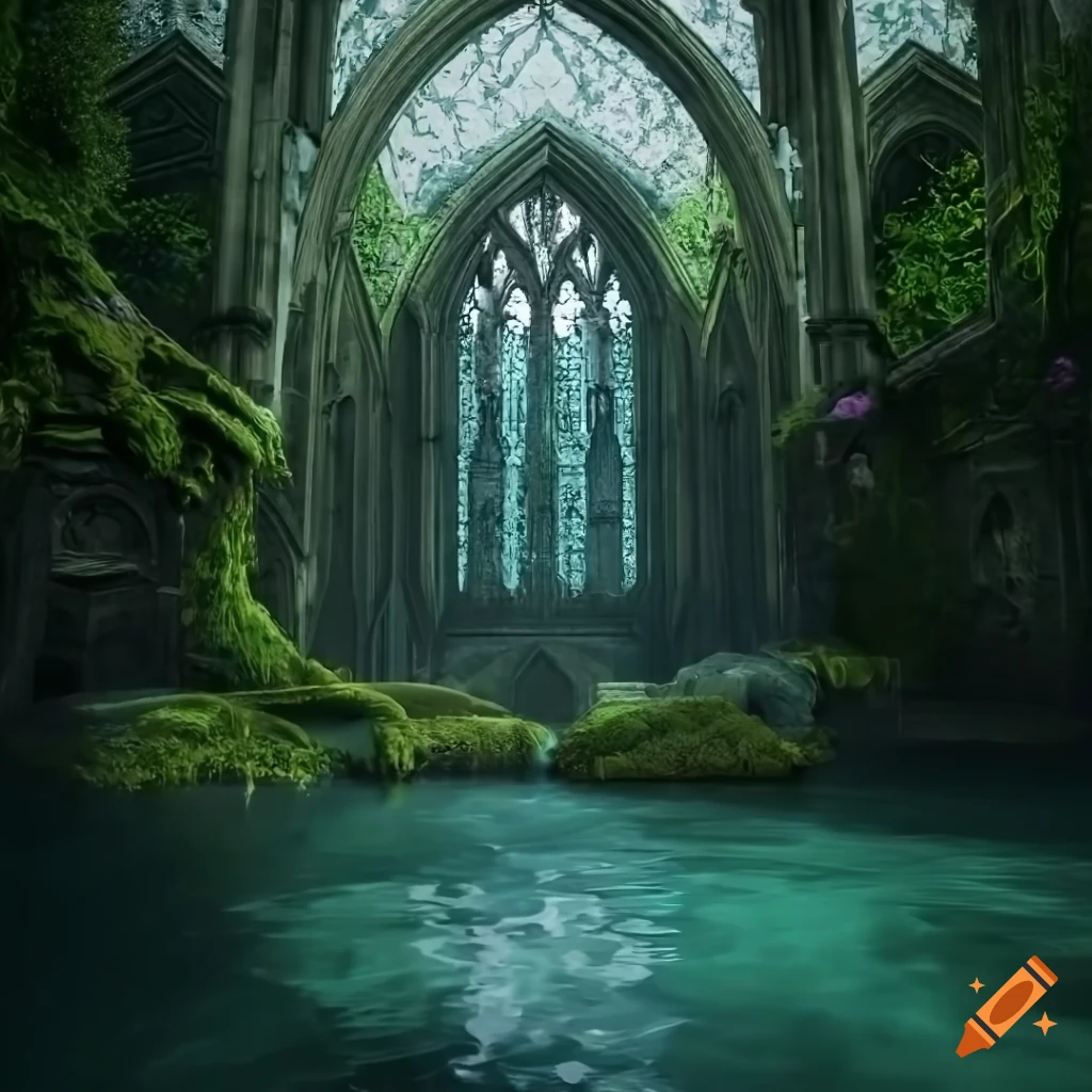 A mystic cathedral made of stone overgrown with moss with flowing water ...