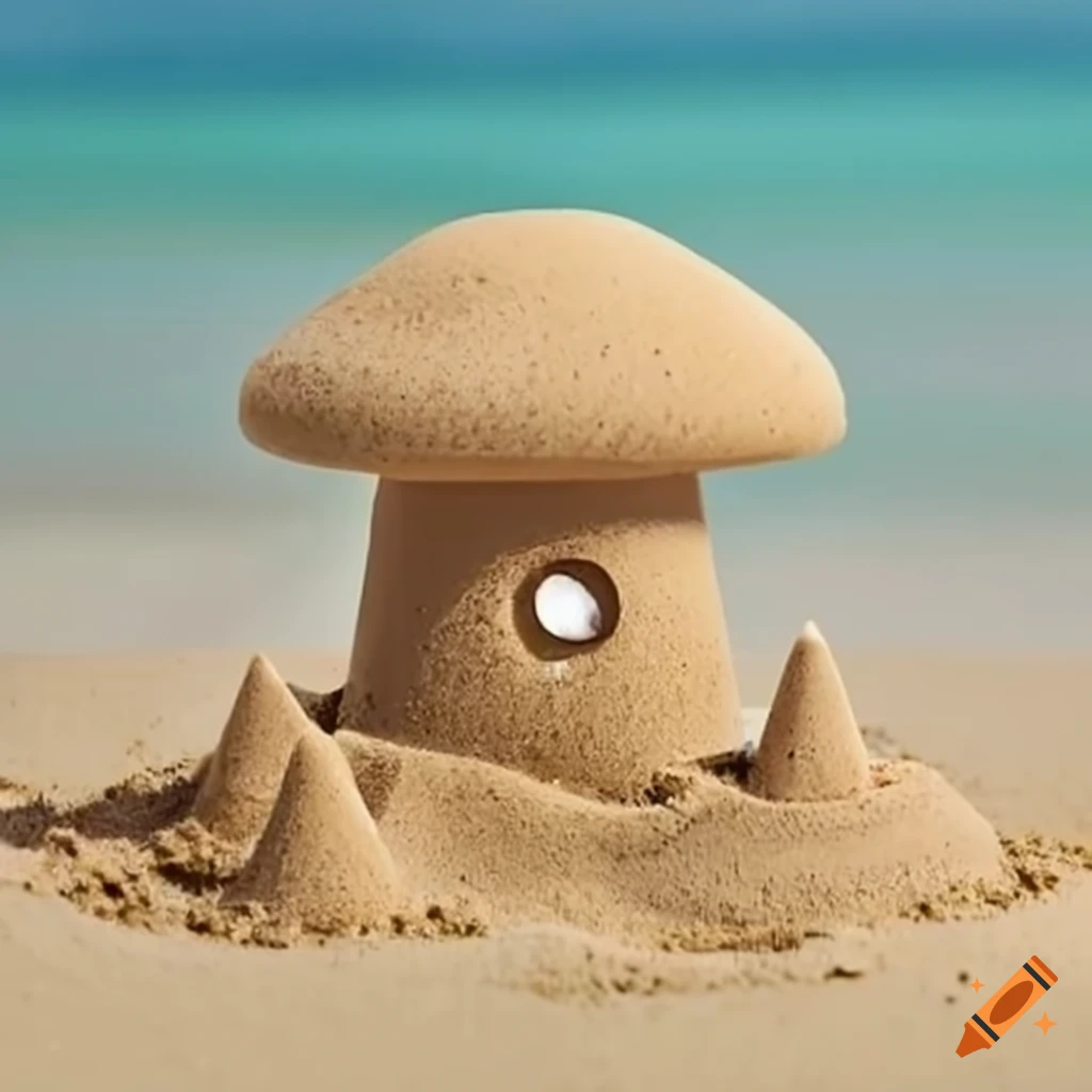 Beige sand castle in mushroom shape on sand beach