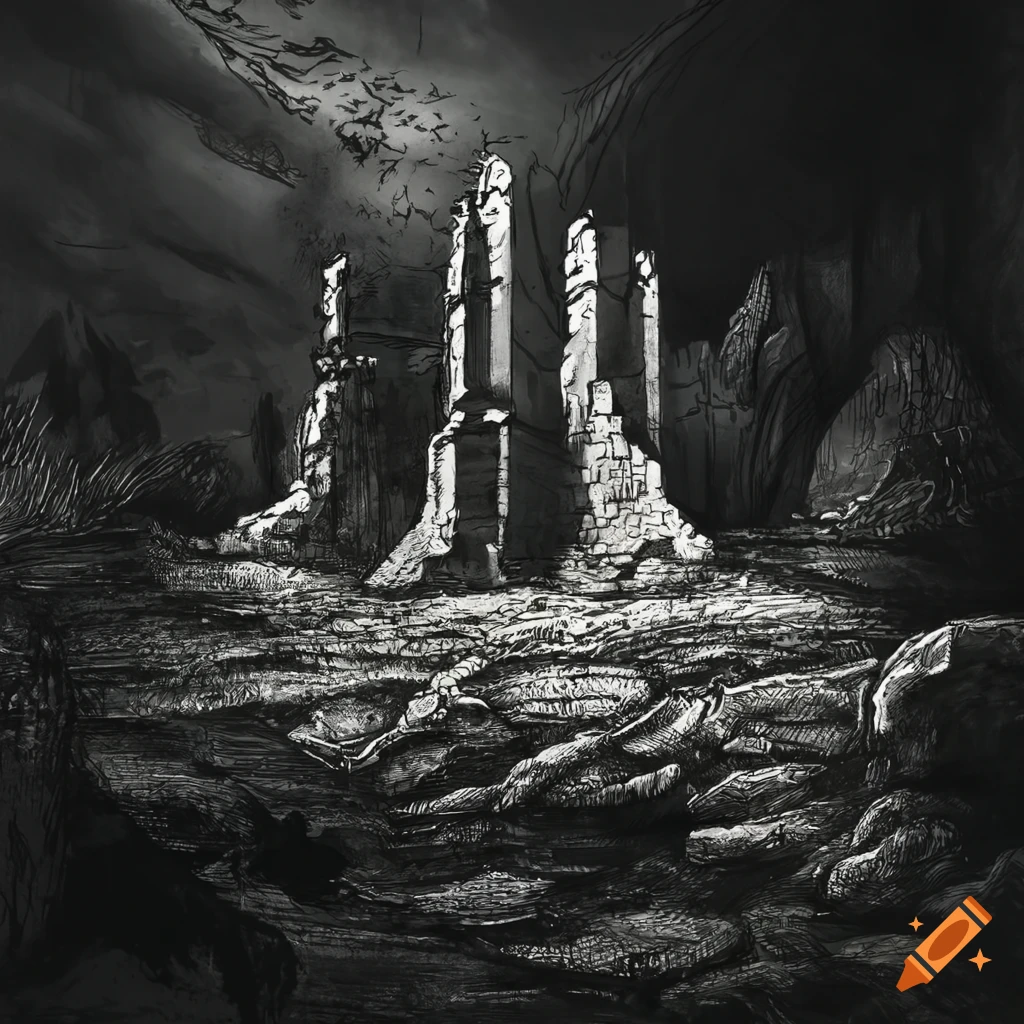 Smoldering ruins in a desolate landscape, dungeons and dragons, etching ...