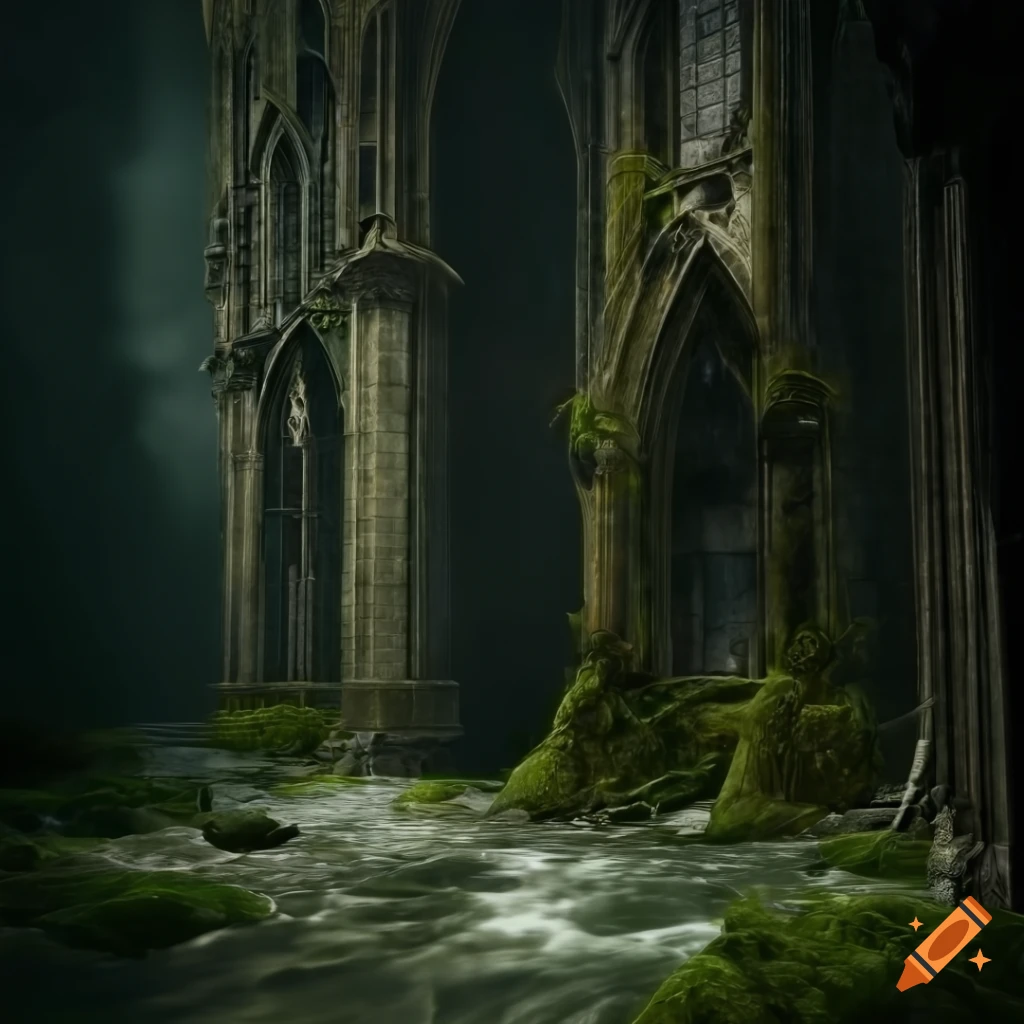 A mystic cathedral made of stone overgrown with moss with flowing water ...