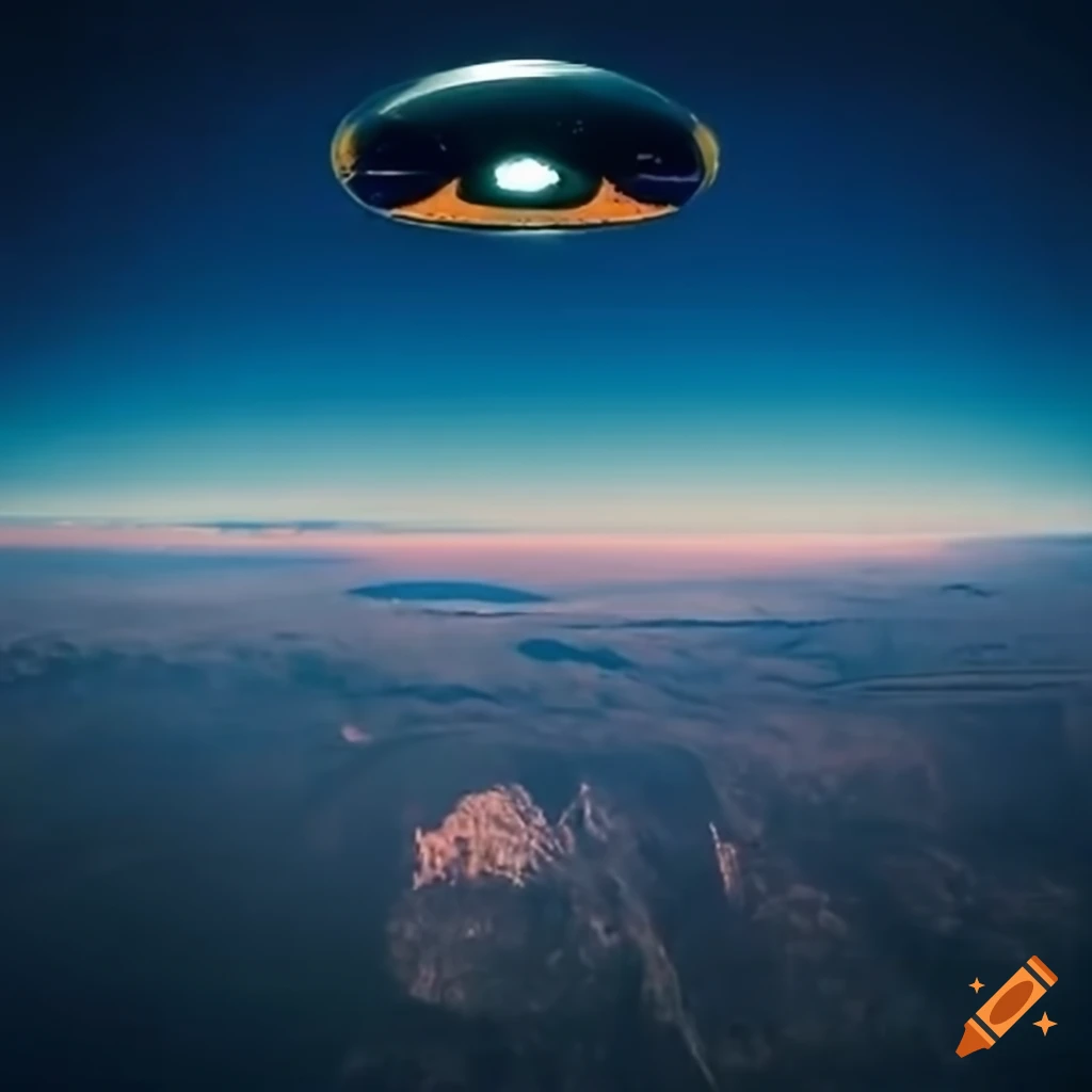 Classic flying saucer ufo in cockpit, wide angle photo, camera behind ...