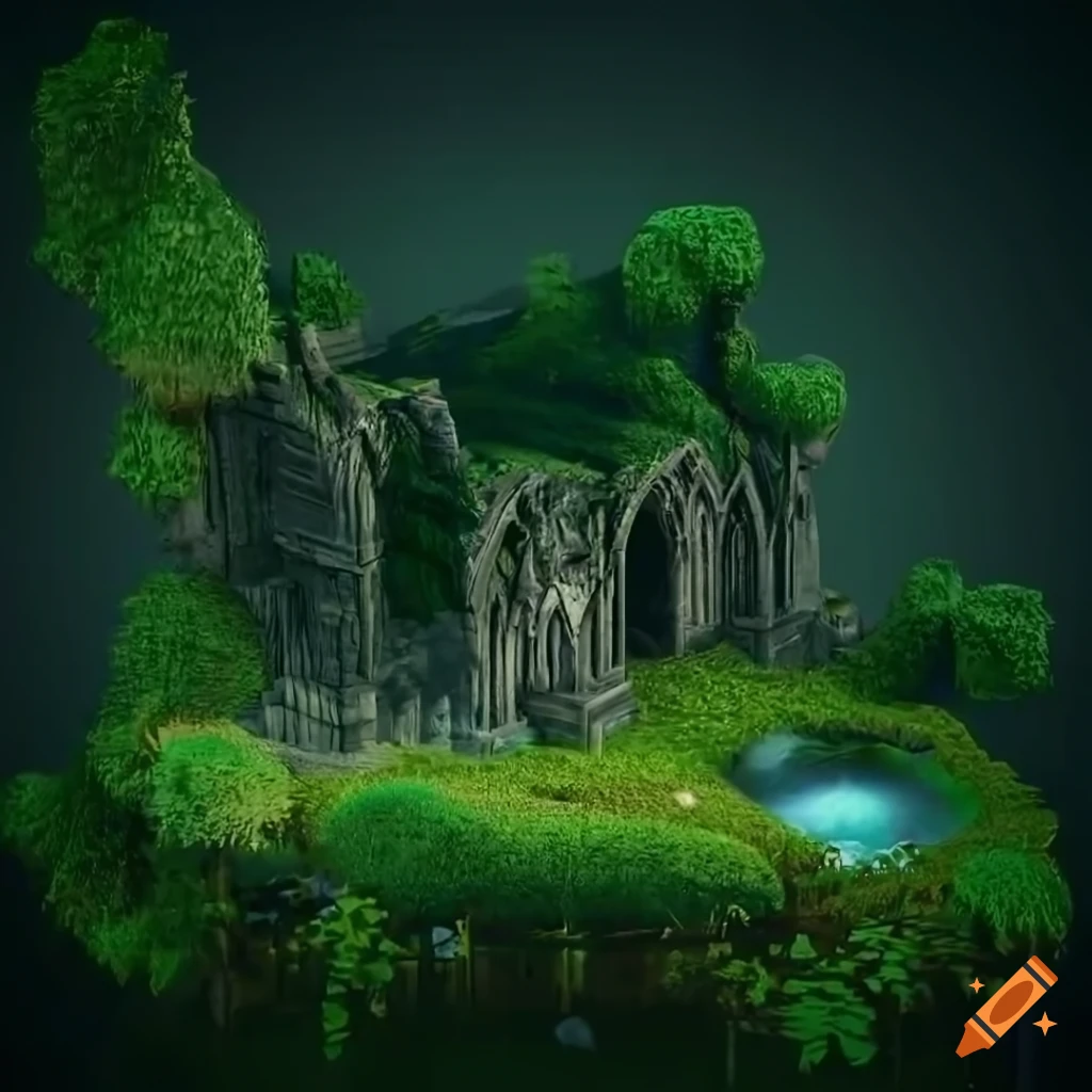 A moss-covered stone ruins in a fantasy rpg game forest fantasy grass texture isometric view ...