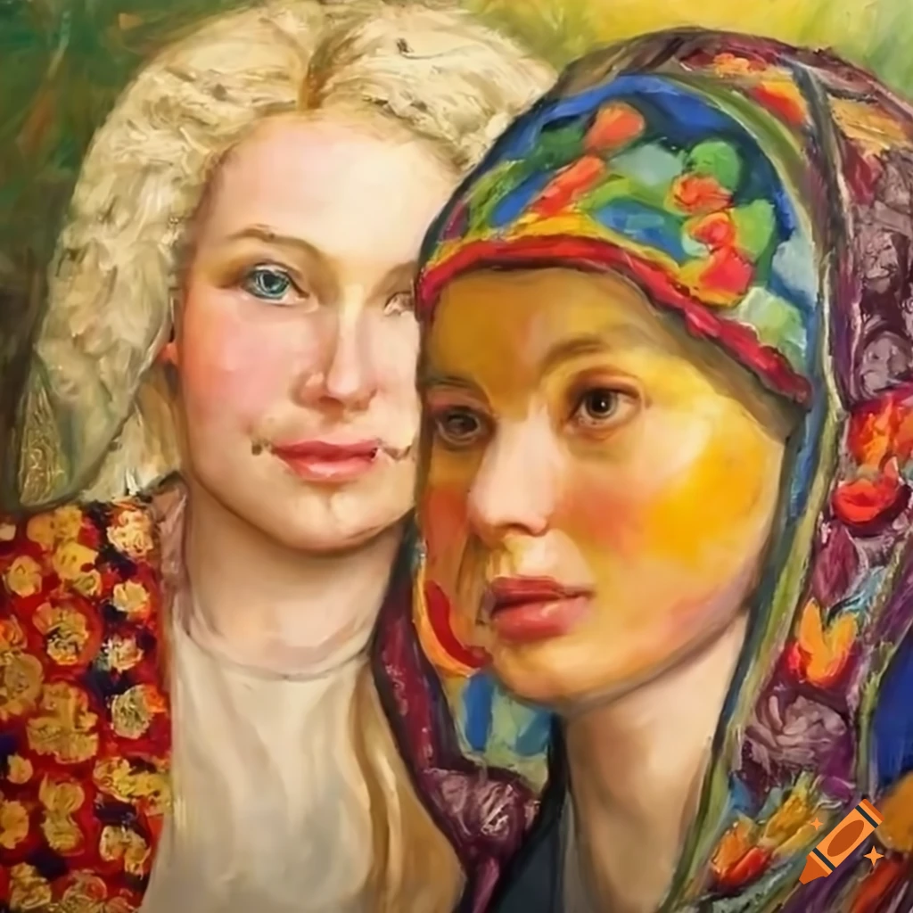 Two Russian peasant blond very beautiful women in the sarafan and ...