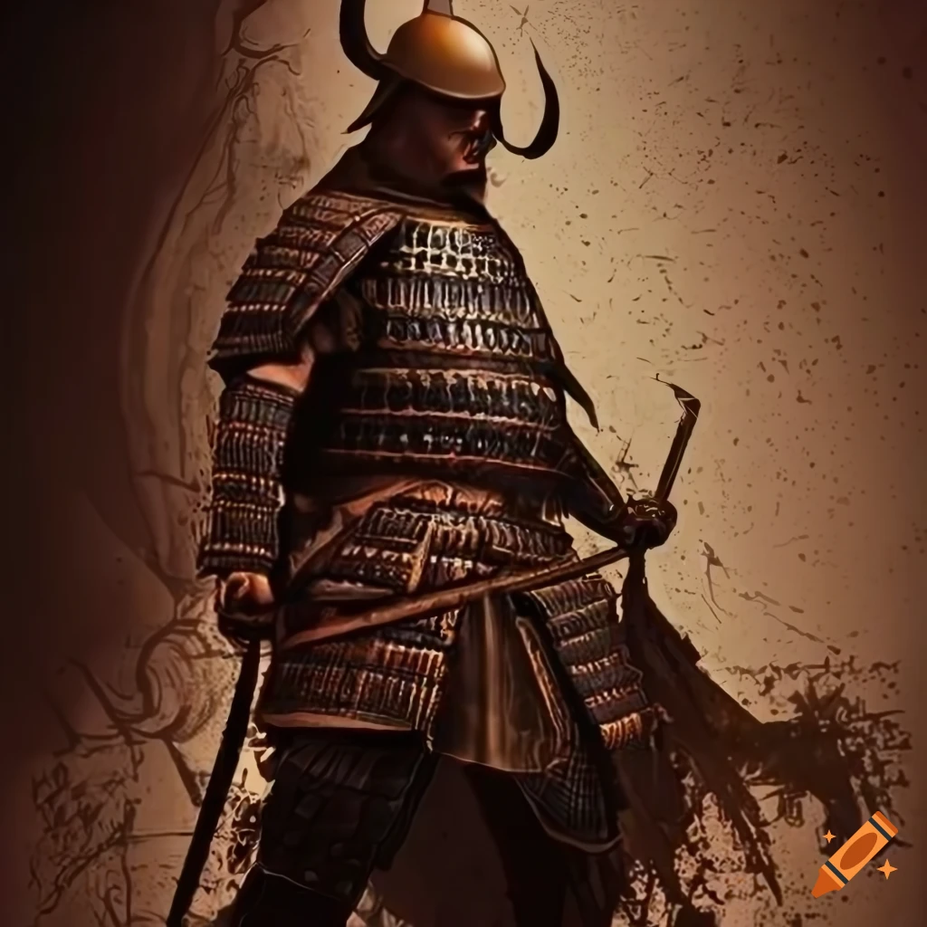 Abstract digital artwork of a viking-samurai in full person profile on ...