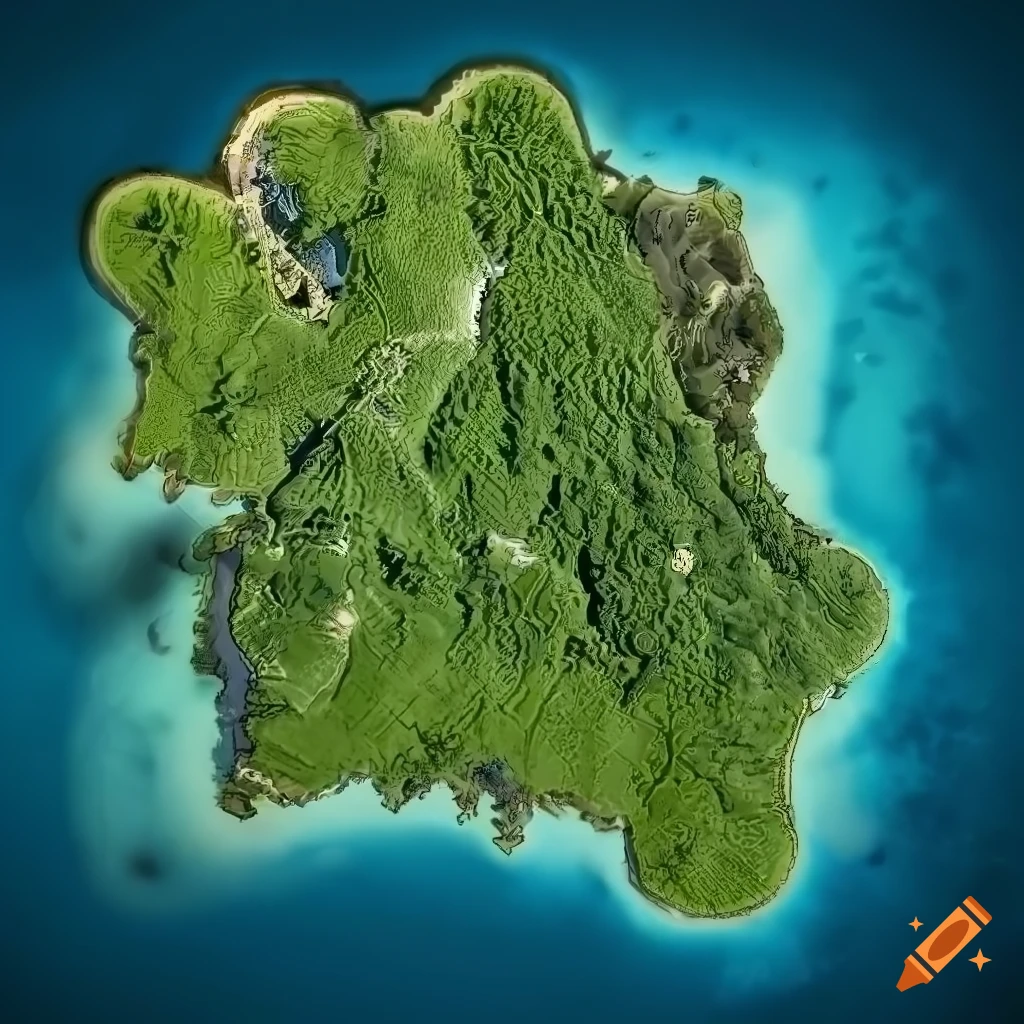 Top-down map of jungle island continent, vast interior, surrounded by ...