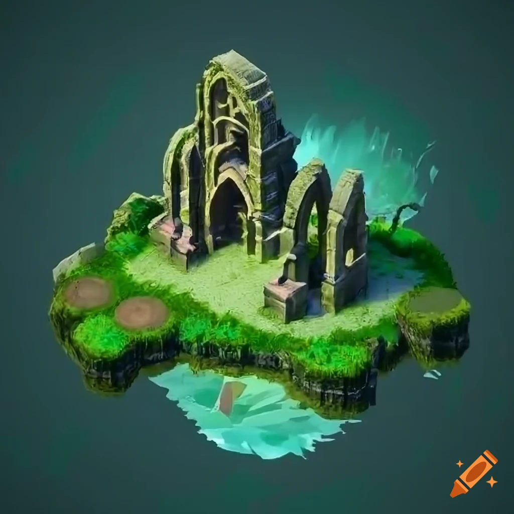 A moss-covered stone ruins in a fantasy RPG game forest fantasy grass ...