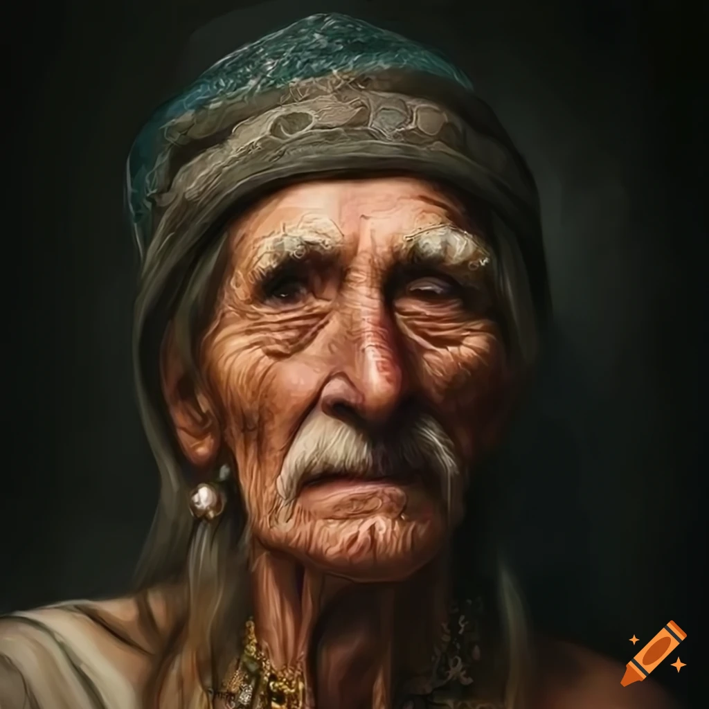 Old hermit and mystical gypsy with a headscarf, improvised necklaces of ...