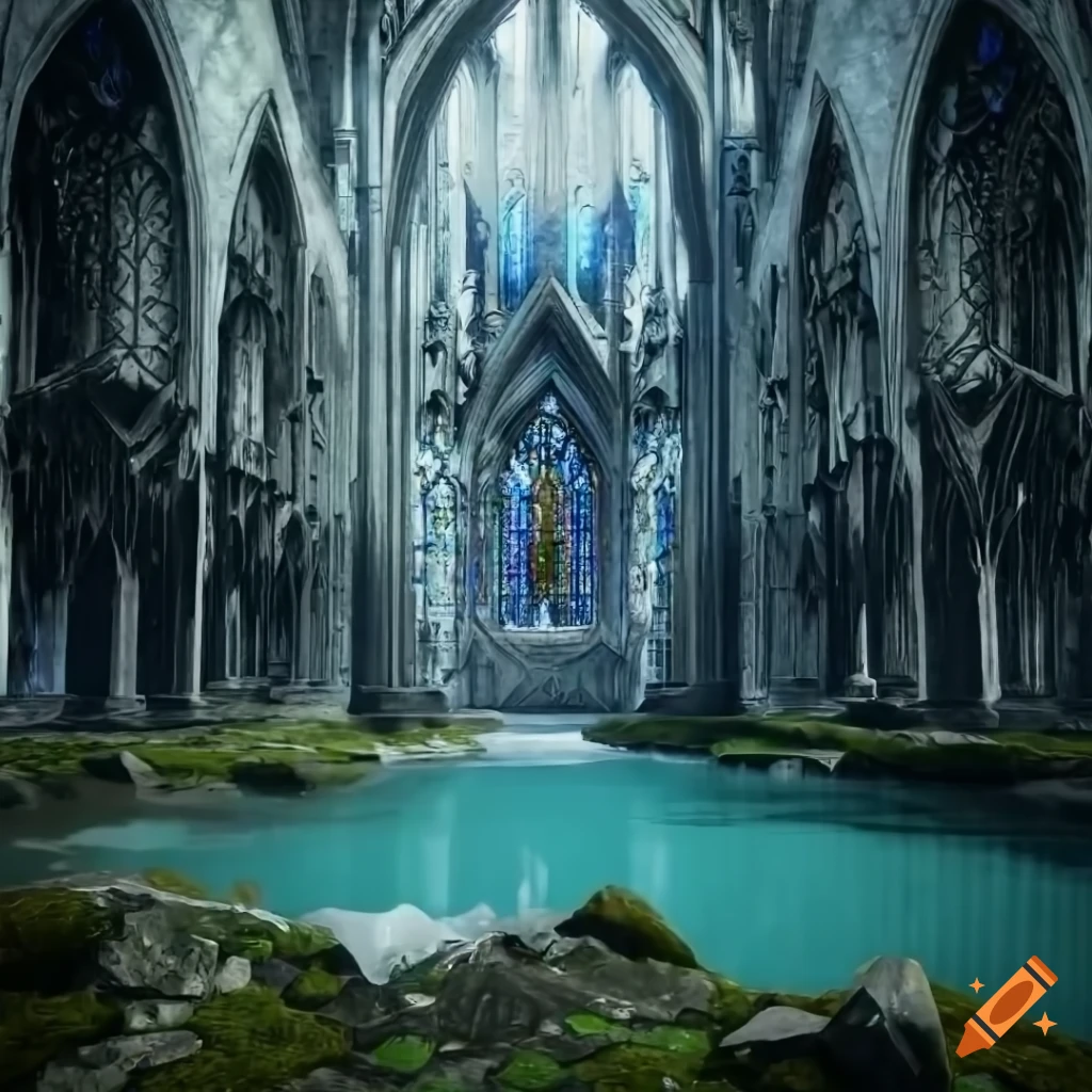 A mystic cathedral filled with crystals, pond, stone overgrown with ...