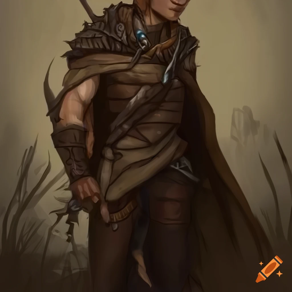 Half elf druid with battle scars on his face, he also has a metal ...