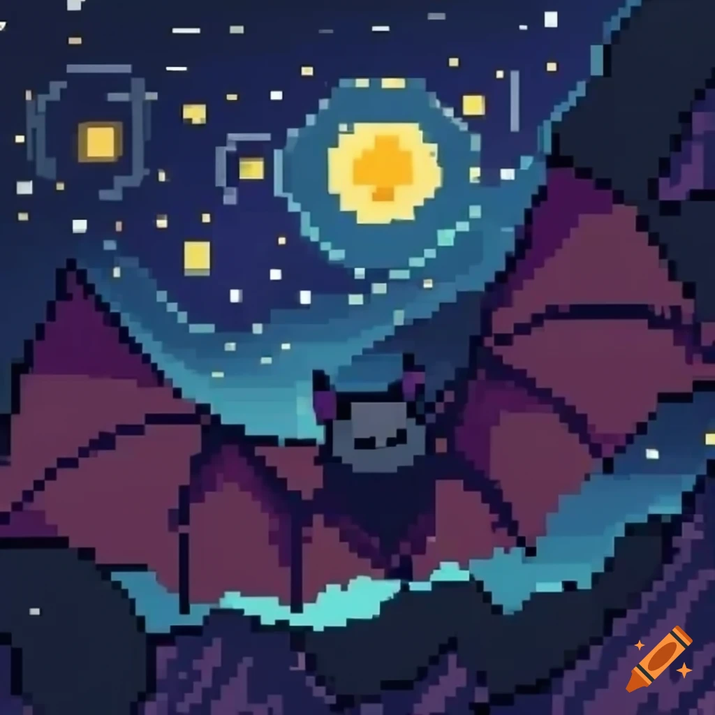 Pixelated Chibi bat flying over mountains in the starry night, dramatic ...