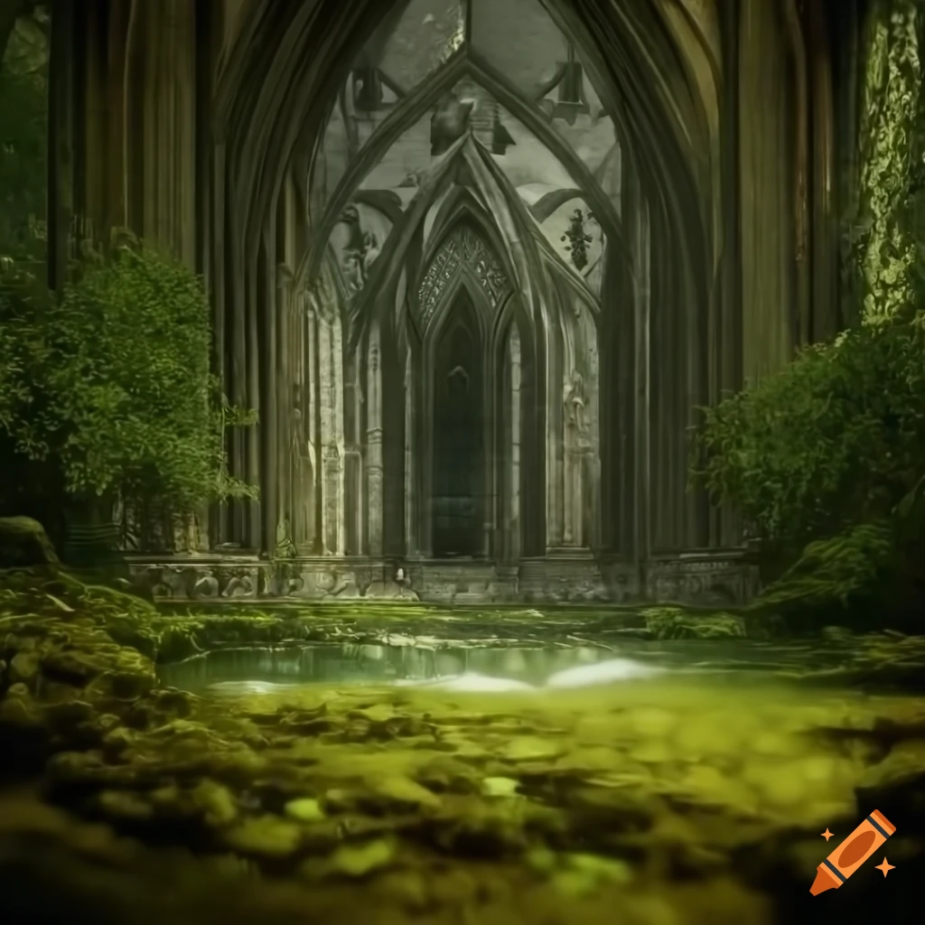 A mystic cathedral made of stone overgrown with moss with flowing water ...