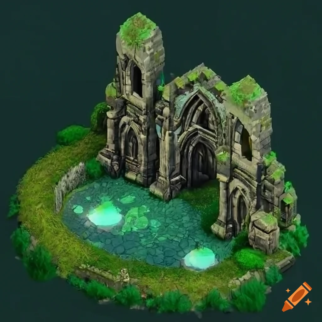A moss-covered stone ruins in a fantasy RPG game forest fantasy grass texture isometric view ...