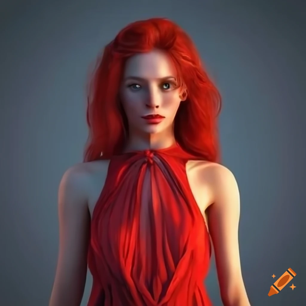 A realistic female character in a red dress standing at dawn on Craiyon