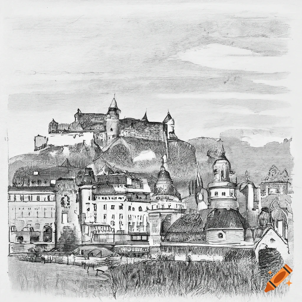 Please generate a detailed pencil drawing of Salzburg with the majestic ...