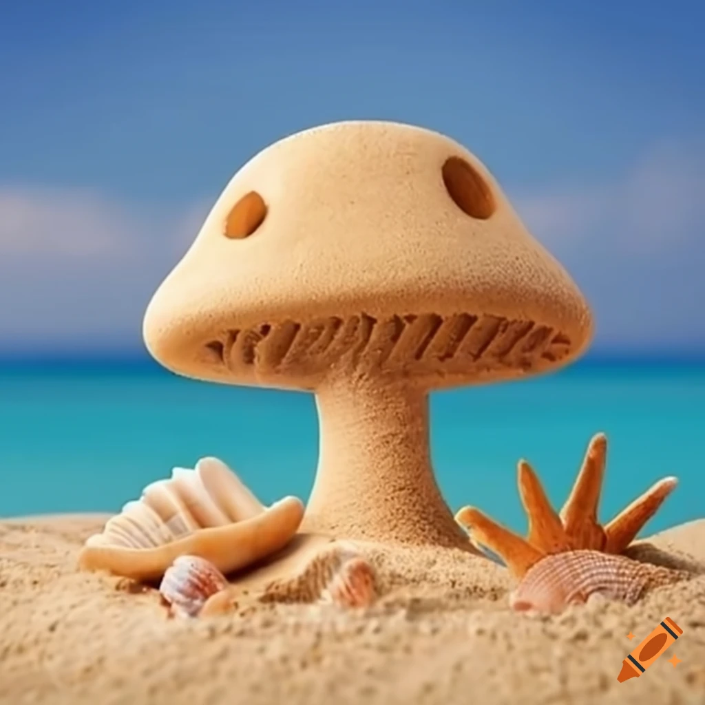 Beige sand castle in mushroom shape and shells on sand beach