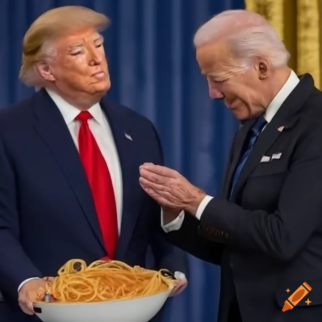 Trump and biden sharing a bowl of spaghetti